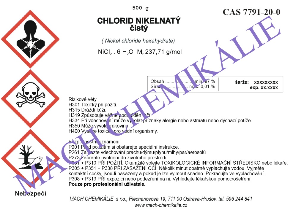 Chlorid nikelnatý čistý * 500 g - Mach Chemikálie